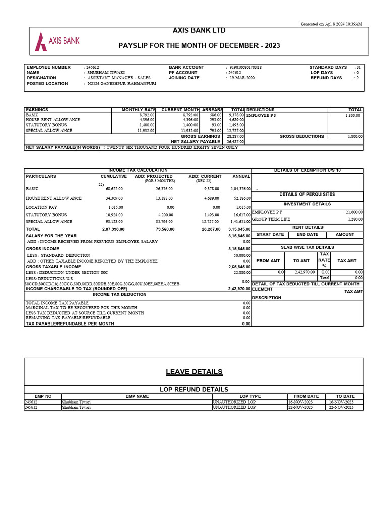 December 2023 Payslip - Axis Bank | PDF | Alternative Minimum Tax | Salary