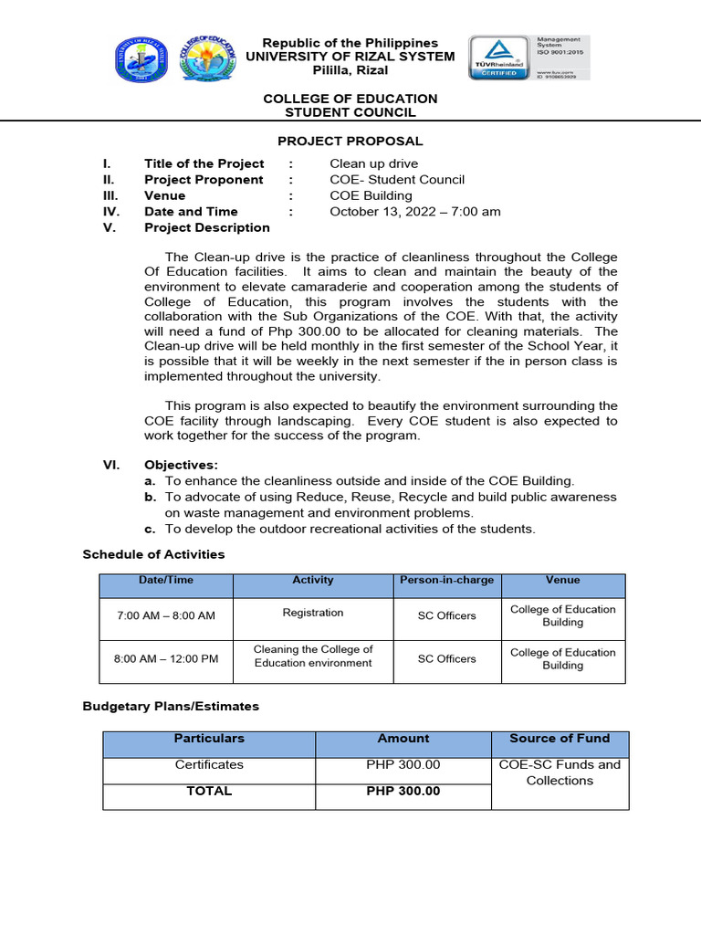 COE Clean-Up Drive Project Proposal | PDF | Economy And The Environment