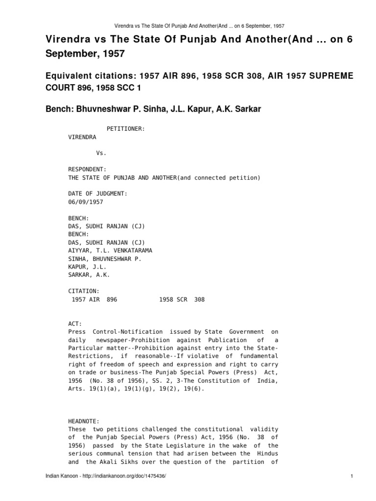 Virendra Vs The State of Punjab and Another and On 6 September 1957 ...