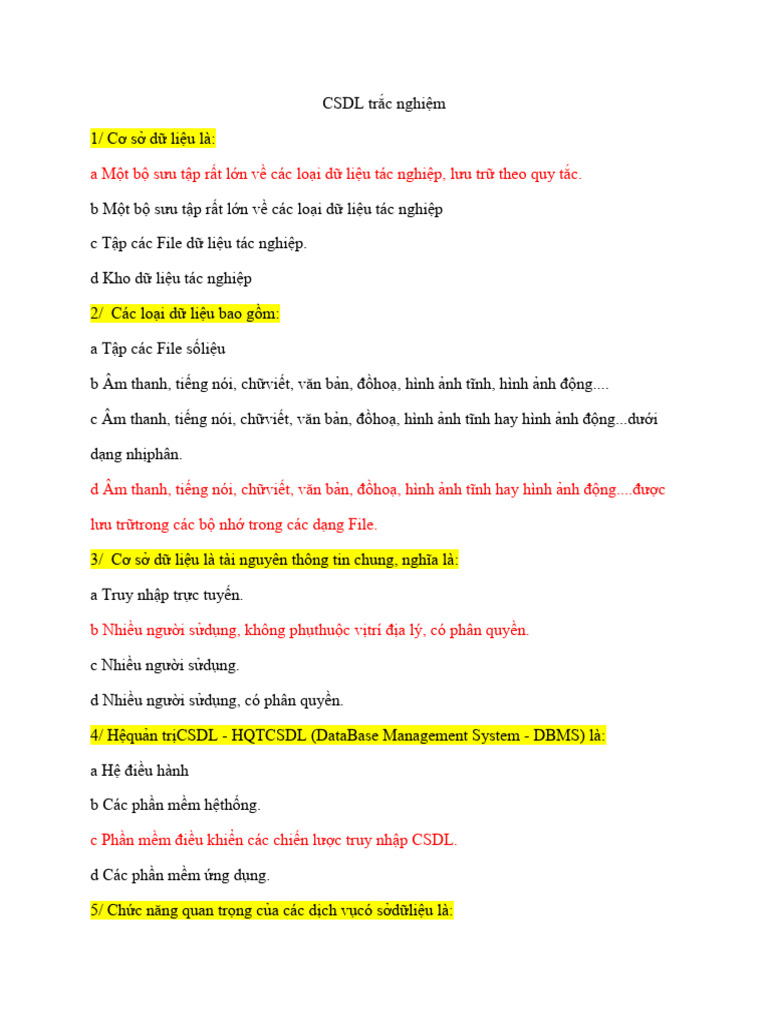 CSDL trắc nghiệm | PDF