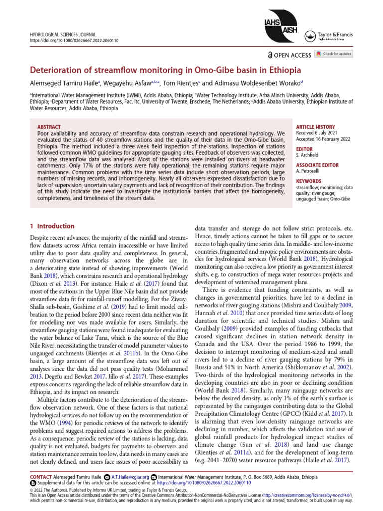 Deterioration of Streamflow Monitoring in Omo Gibe Basin in Ethiopia ...