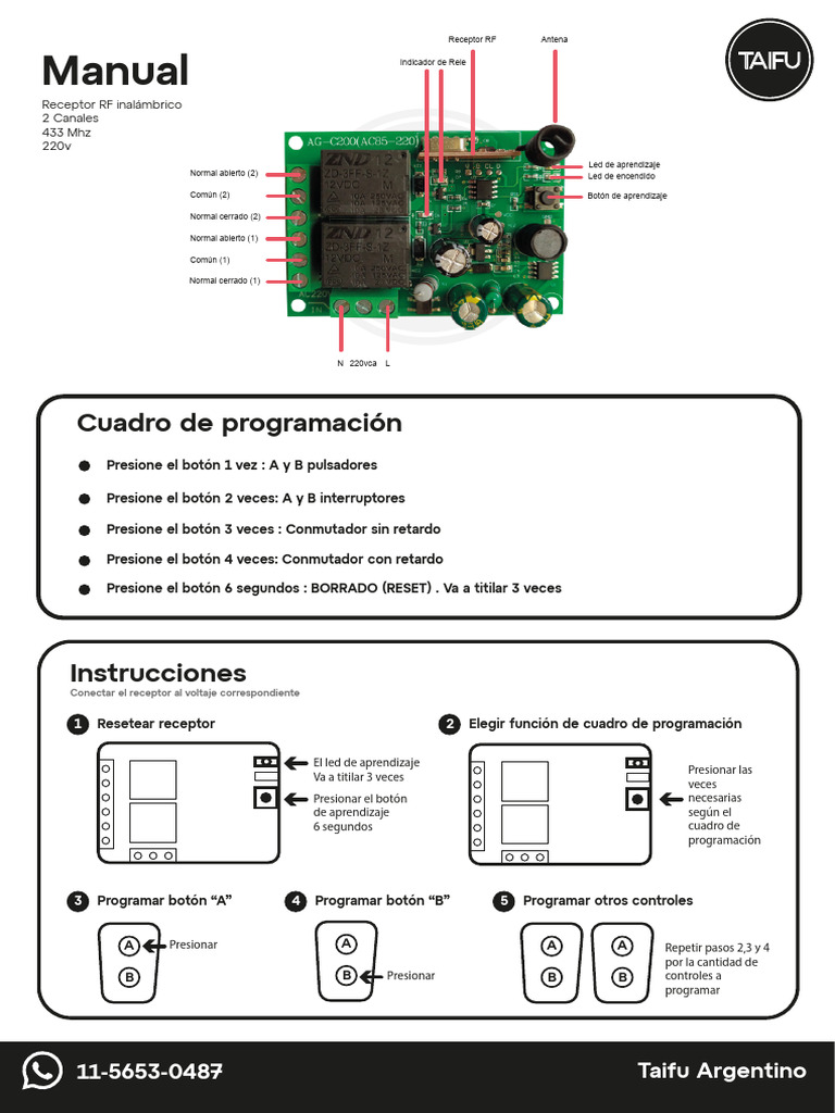 Manual Receptor Rf Inalambrico 2 Canales 433 Mhz 220v 10A S-JUMPER | PDF | Cambiar | Inalámbrico
