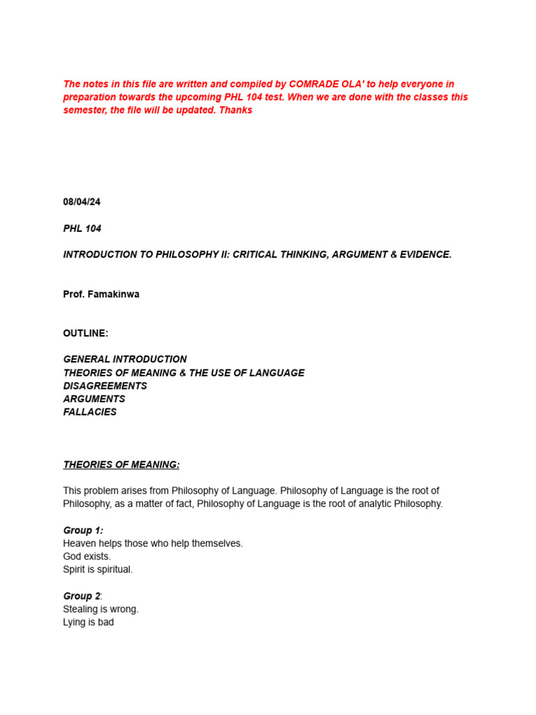 Comrade Ola's PHL 104 Compiled Notes | PDF | Definition | Theory