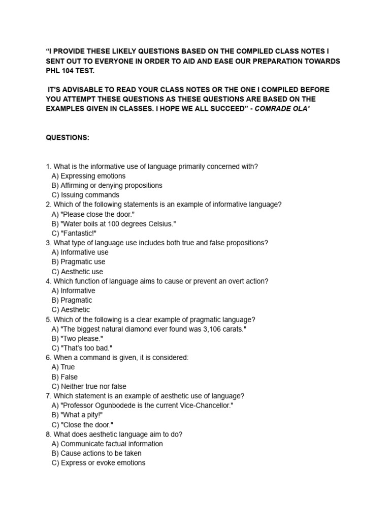 Comrade Ola's PHL 104 Test Likely Questions | PDF | Definition | Logic