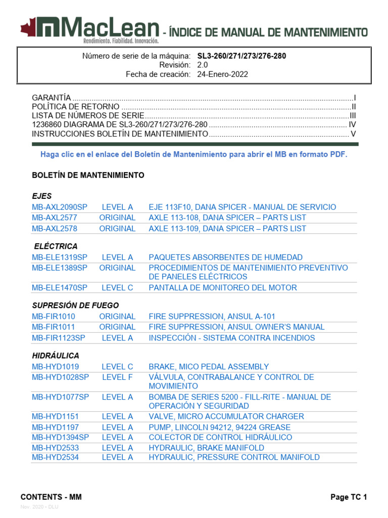 SL3-260-271-273-276 A 280 - Camión Tijera Manual de Mantenimiento Índice Rev | PDF | Tecnología ...