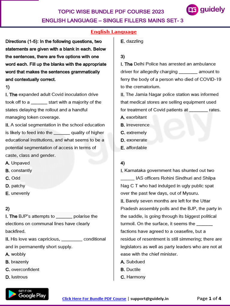 Single Fillers - Choose Appropriate Preposition Set-3 (Mains) | PDF ...
