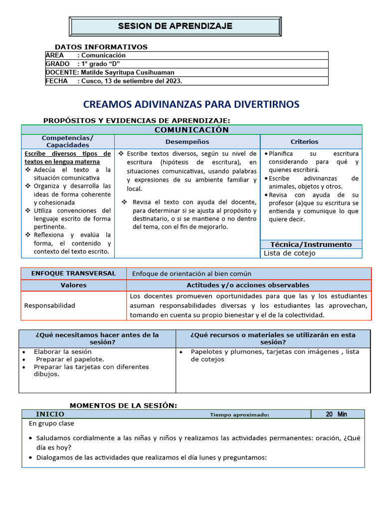 Sesión de Ap Comunicación_Escribimos adivinanzas_13 de setiembre | Descargar gratis PDF ...