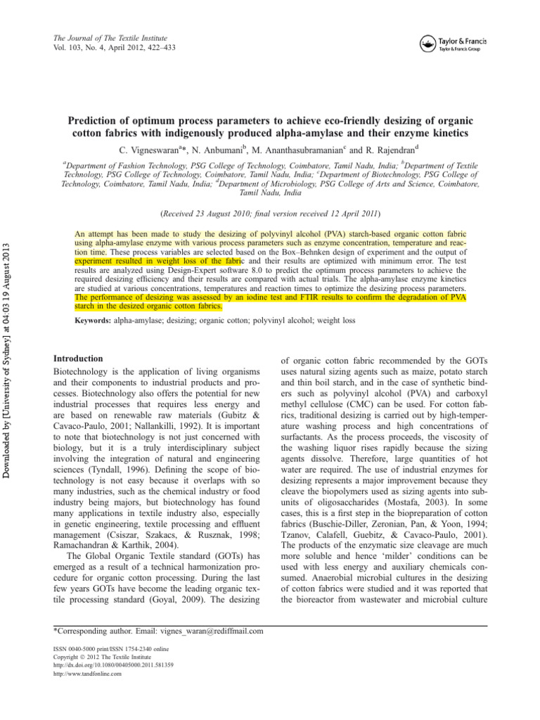 2011 Prediction Of Optimum Process Parameters To Achieve Eco Friendly Desizing Of Organic Cotton