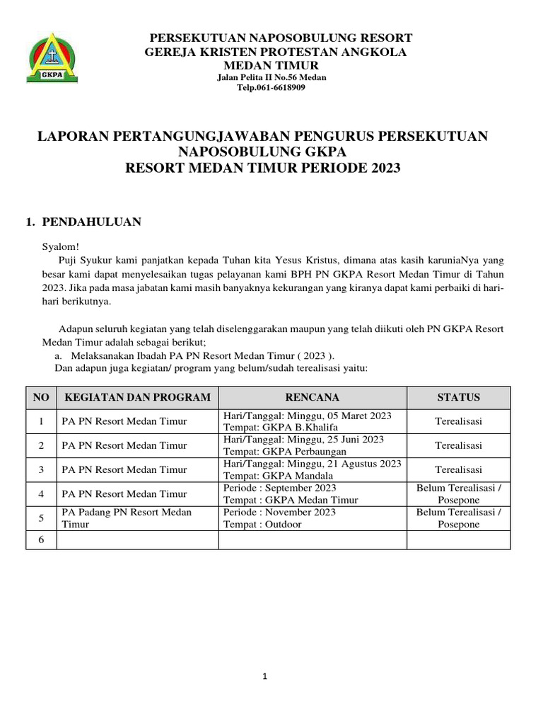 LPJ BPH PN Gkpa Resort Medan Timur Periode 2023-2024 | PDF