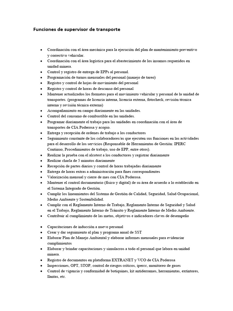 Funciones del Supervisor de Transporte | PDF | Logística