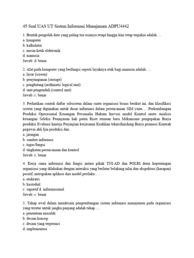 45 Soal UAS UT Sistem Informasi Manajemen ADPU4442 | PDF