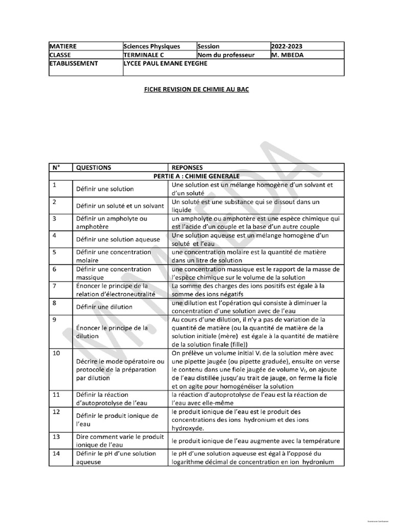 Fiche Cours Chimie | PDF
