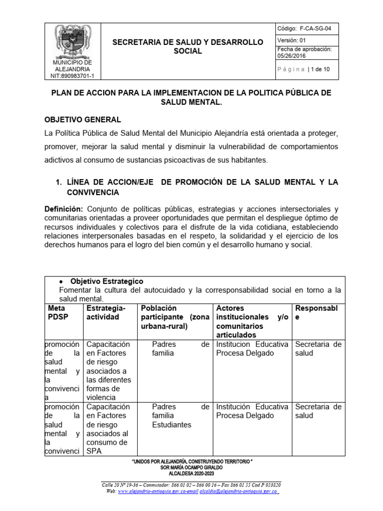 Plan de accion Salud Mental Alejandria | PDF | Salud mental | Violencia