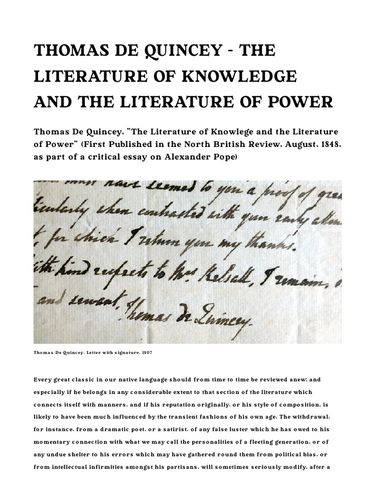 Thomas de Quincey - The Literature of Knowledge and The Literature of ...
