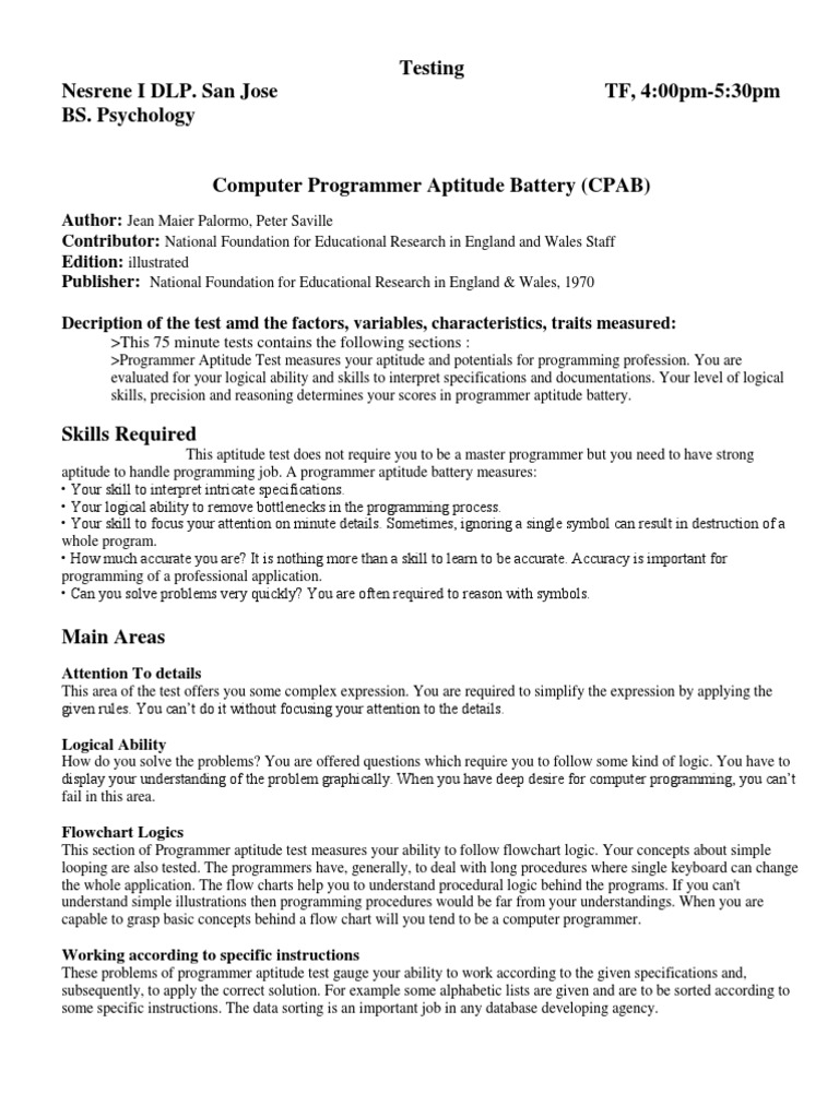 Computer Programmer Aptitude Battery | PDF | Test (Assessment ...