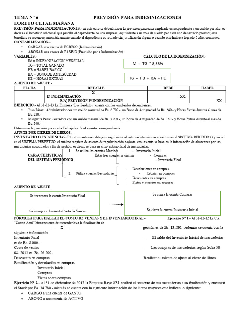 TEMA 6 PREVISION PARA INDEMNIZACION Y CIERRE DE LIBROS | Descargar gratis PDF | Contabilidad ...