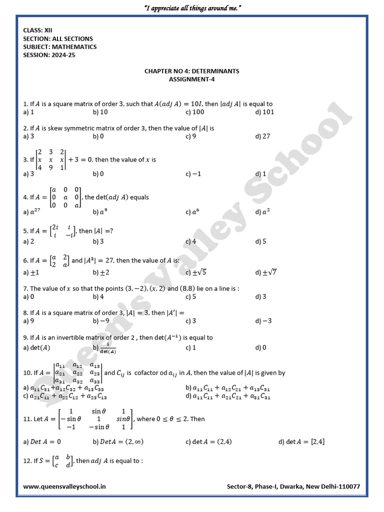 Xii Mathematics L-4 Determinants Assignment | PDF | Determinant | Operator Theory