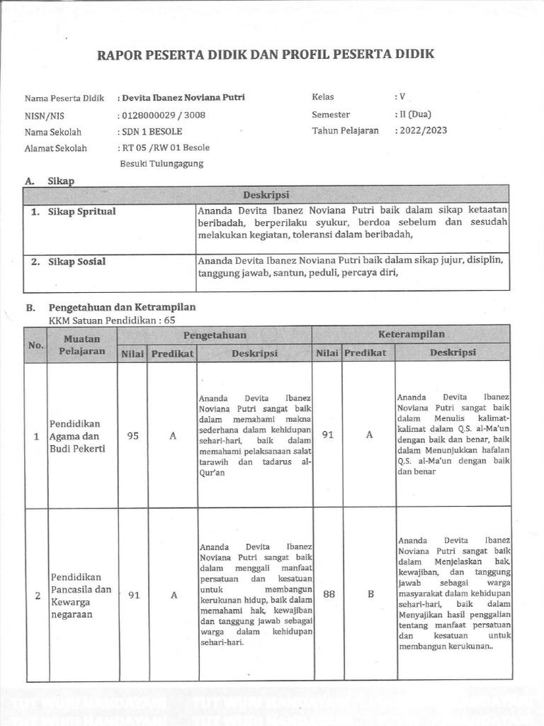 RAPOT DEVI KELAS 5 SMT 2 | PDF