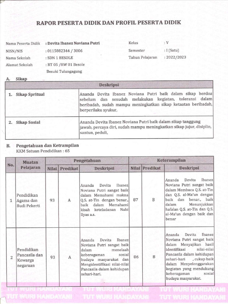 Rapot Devi Kelas 5 SMT 1 | PDF