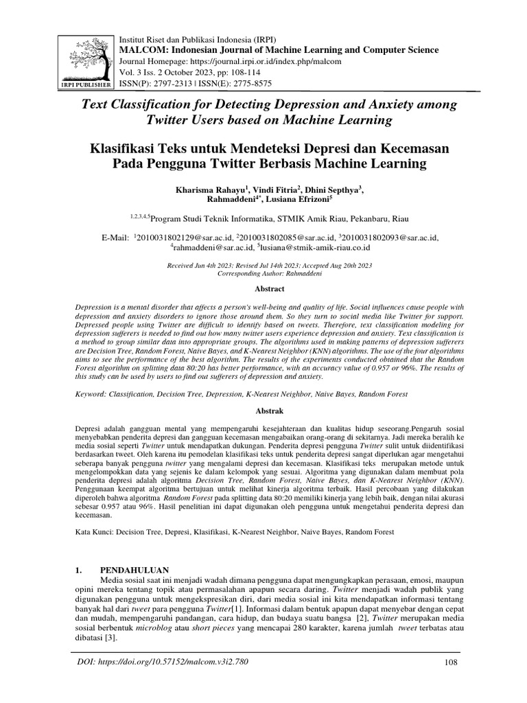 2023-Klasifikasi Teks untuk Mendeteksi Depresi dan Kecemasan | PDF