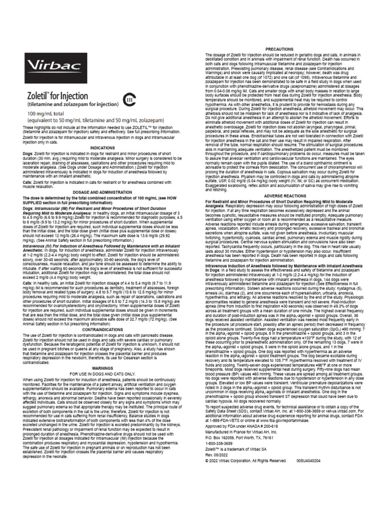 Zoletil For Injection (PI) | Download Free PDF | Anesthesia | Injection ...
