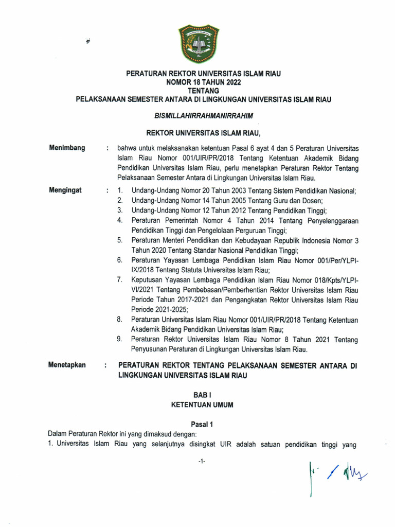 18 Tahun 2022 Pelaksanaan Semester Antara Di Lingkungan Uir | PDF