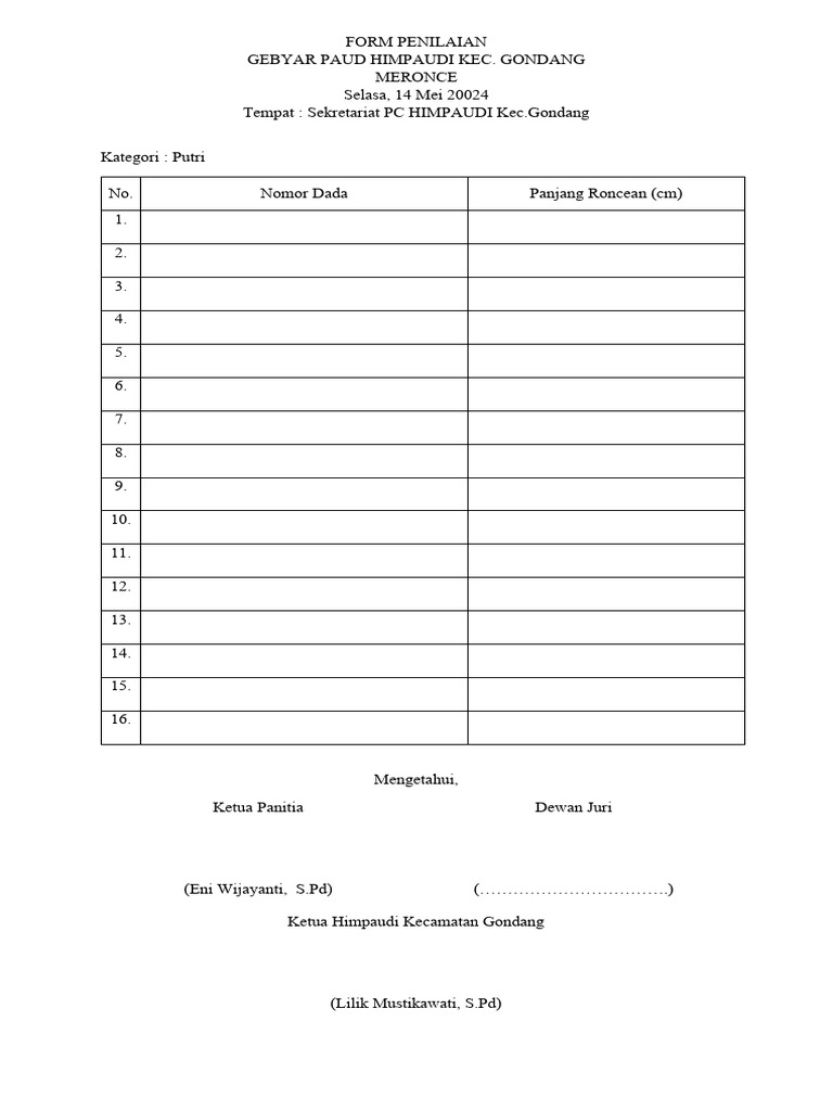 FORM PENILAIAN GEBYAR PAUD | PDF