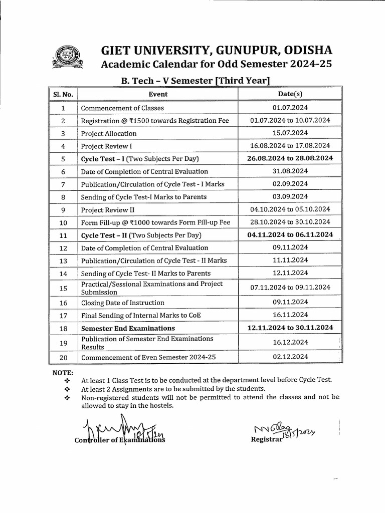 B.Tech - V Semester-Academic Calendar - 2024-25 | PDF