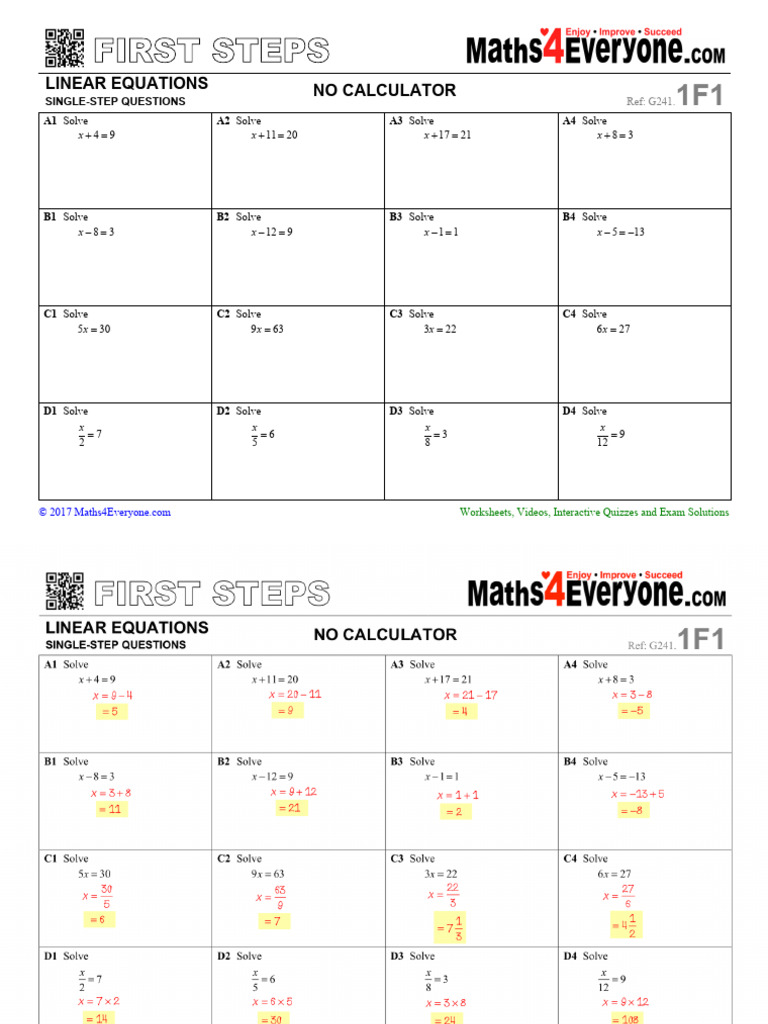 One Step Equations 20319 | PDF