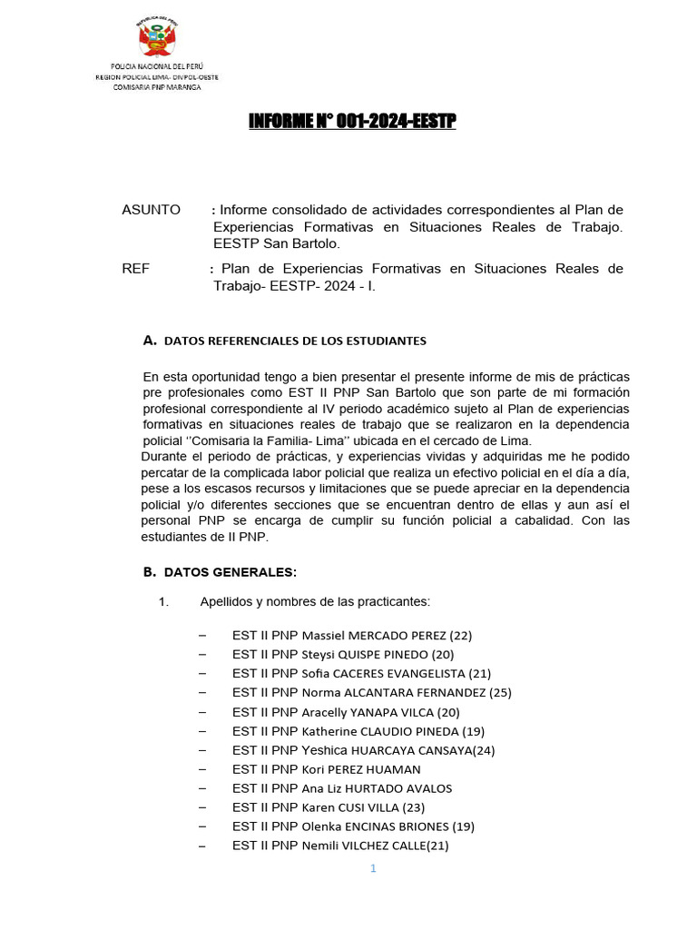 Informe de Prácticas PNP San Bartolo | PDF | Justicia penal | Crimen y violencia