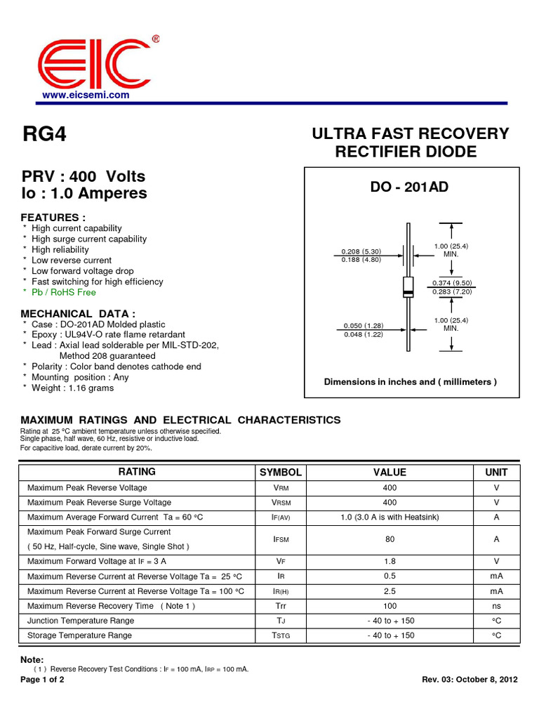 Ultra Fast Recovery Rectifier Diode PRV: 400 Volts Io: 1.0 Amperes | PDF | Electrical Equipment ...