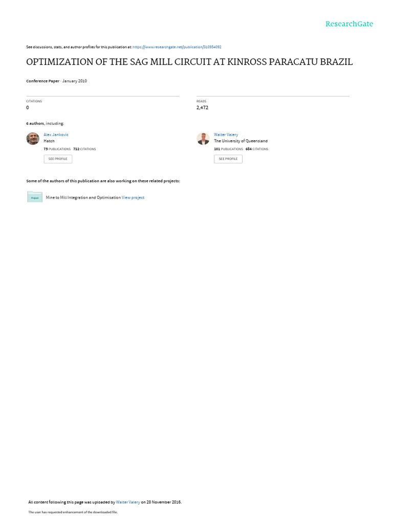Optimization of The Sag Mill Circuit at Kinross Paracatu Brazil | PDF ...