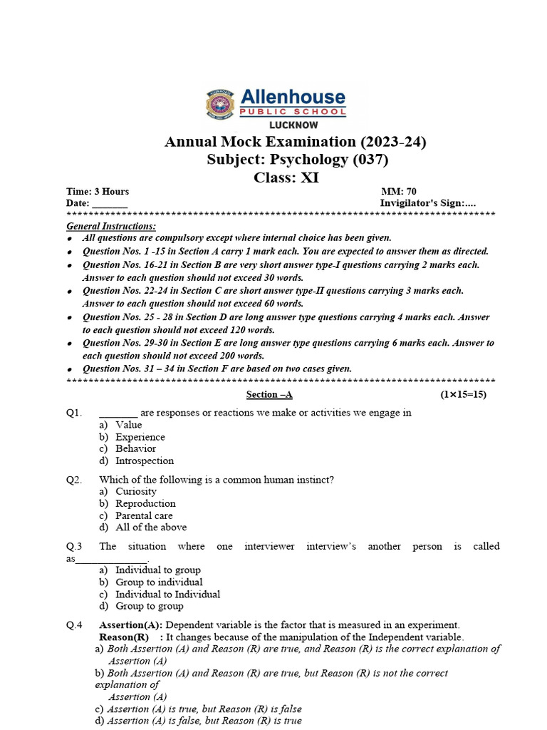 Class 11 Psychology Mock Exam 2023-24 | PDF | Juvenile Delinquency | Reason