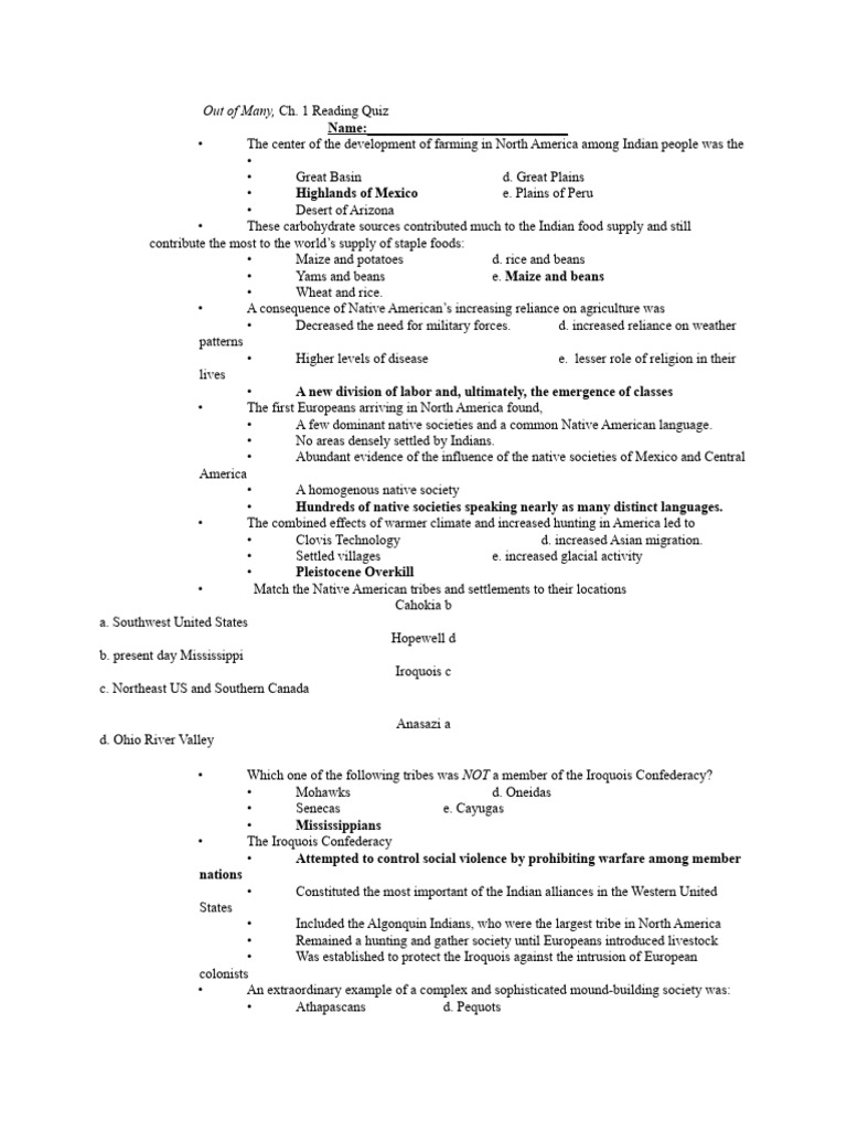 Ch. 1 Quiz-Out of Many | PDF | Native Americans In The United States ...