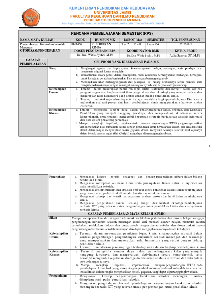 RPS Pengembangan Kurikulum Sekolah Menengah 2020 | PDF