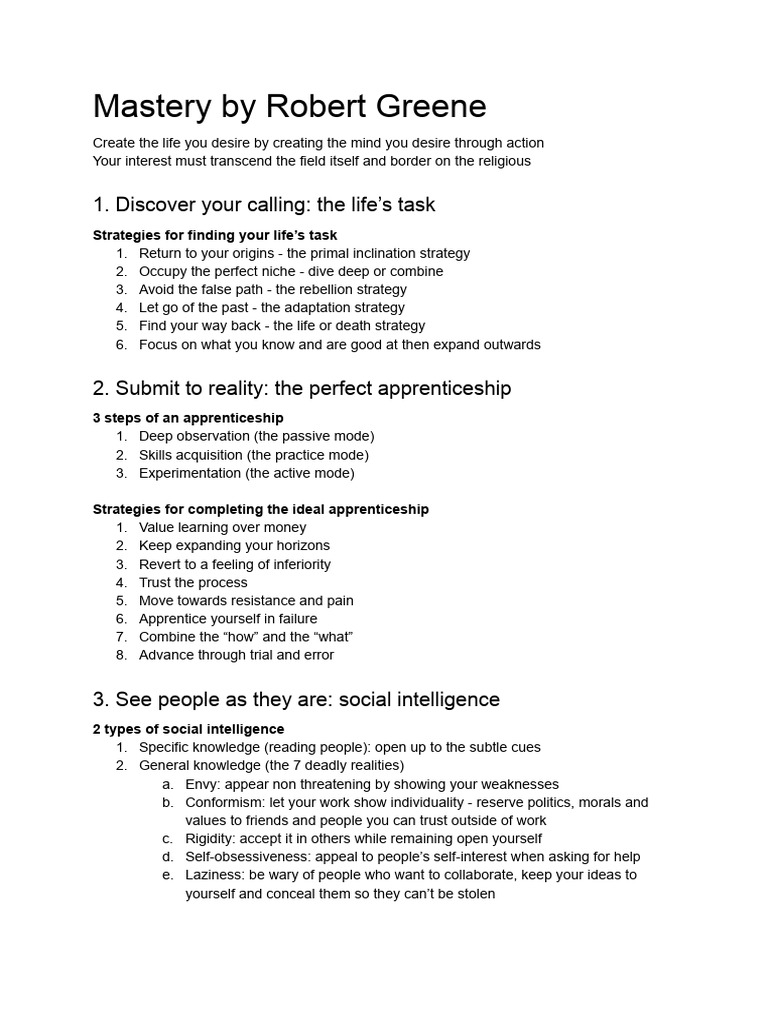 Mastery By Robert Greene Notes Pdf Knowledge Mind