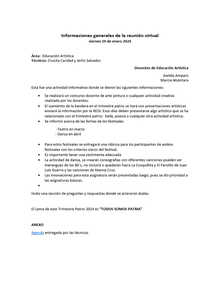 Informaciones Generales de La Reunión Virtual Educacion Artistica | PDF