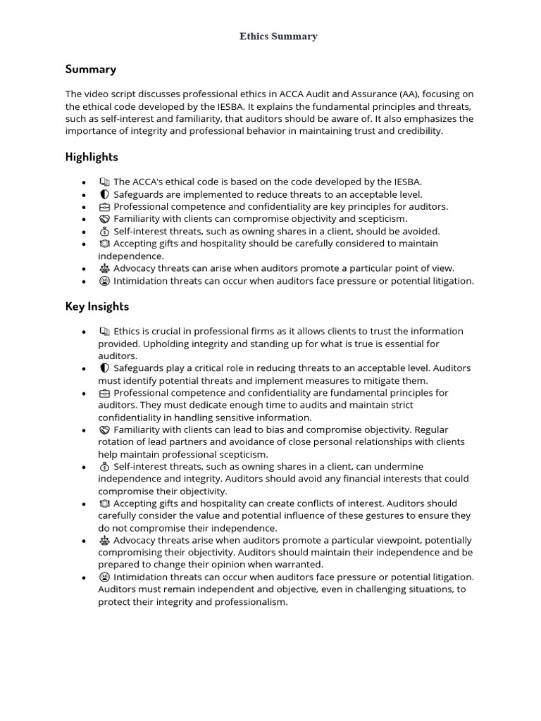 Ethics Summary | PDF | Audit | Conflict Of Interest