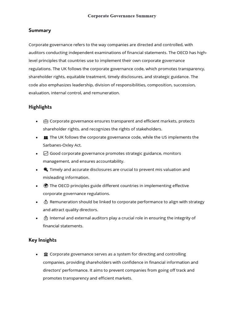 CG Summary | PDF | Corporate Governance | Internal Control