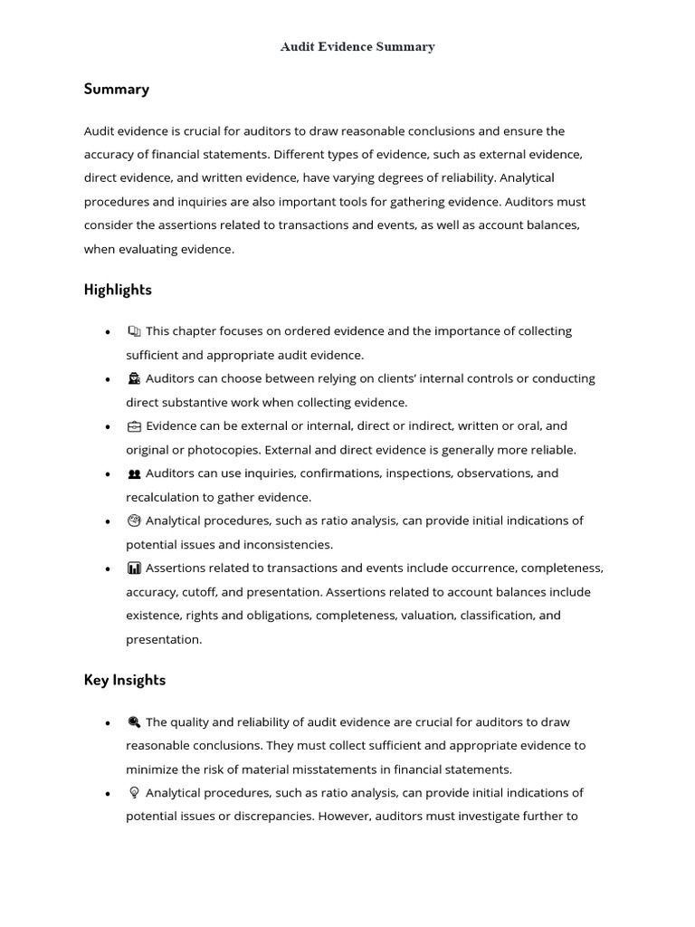 Audit Evidence Summary | Download Free PDF | Audit | Accounting