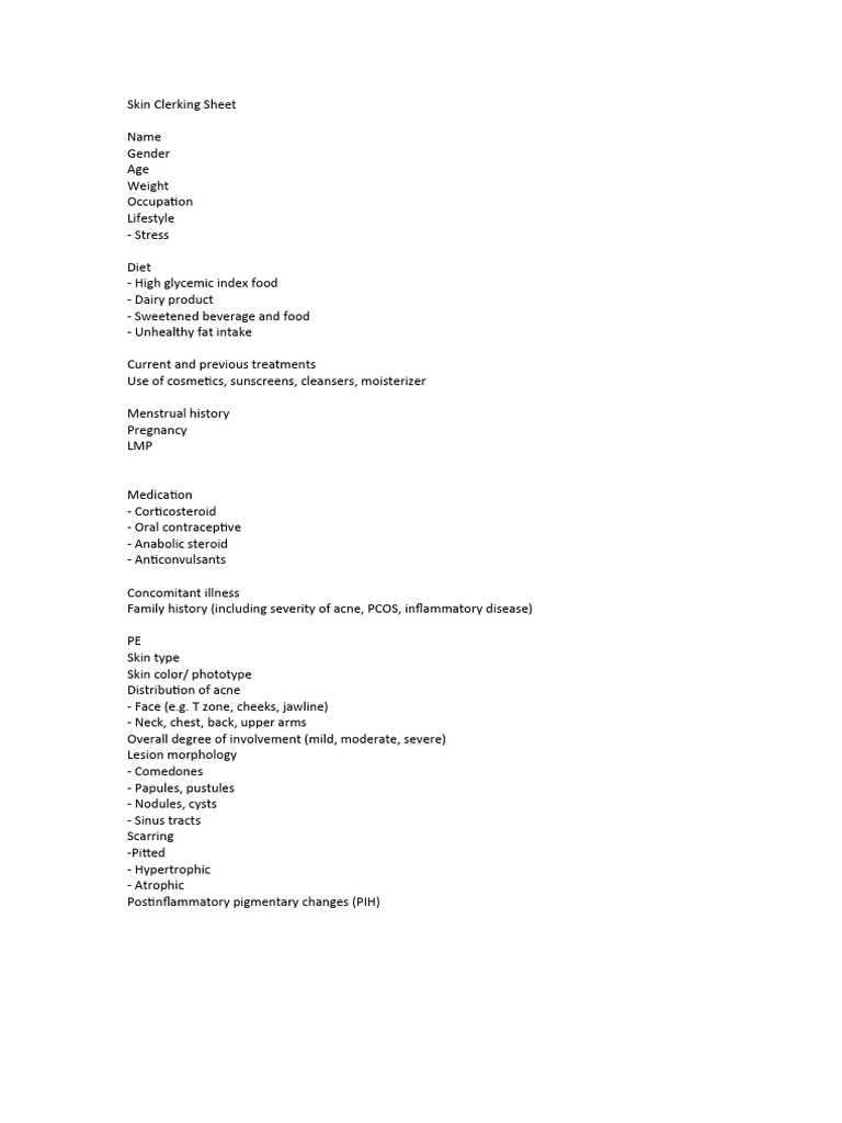 Skin Clerking Sheet | PDF | Medicine | Clinical Medicine