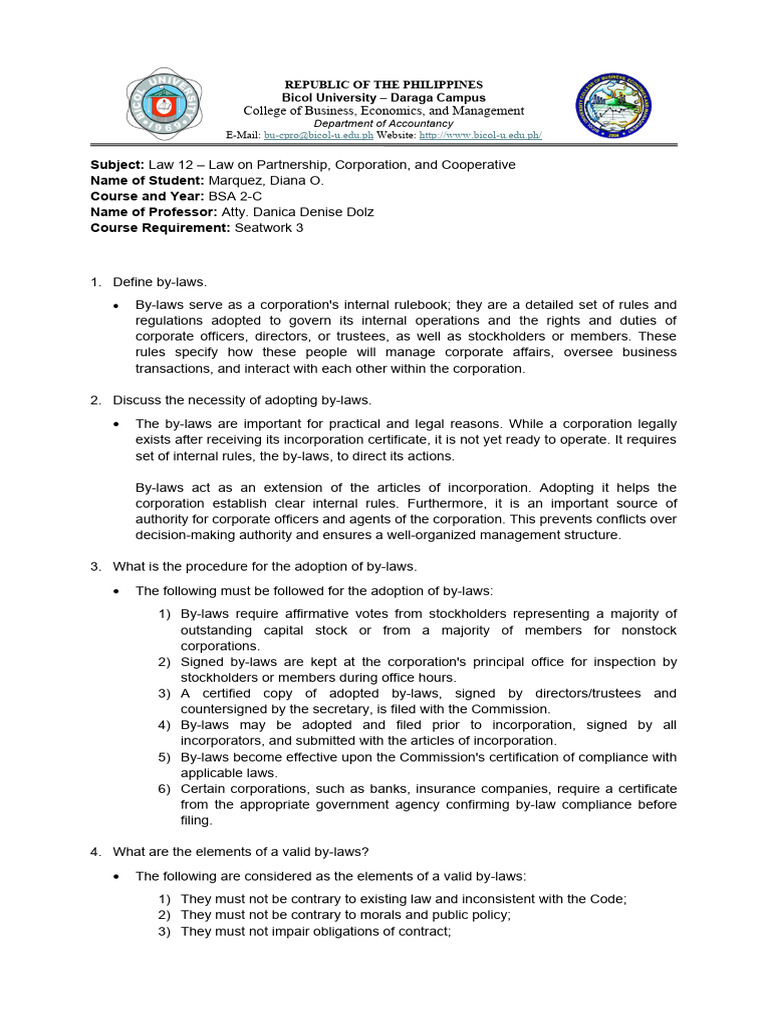 Marquez, Diana. BSA 2C. Law On Partnership, Corporation, and ...