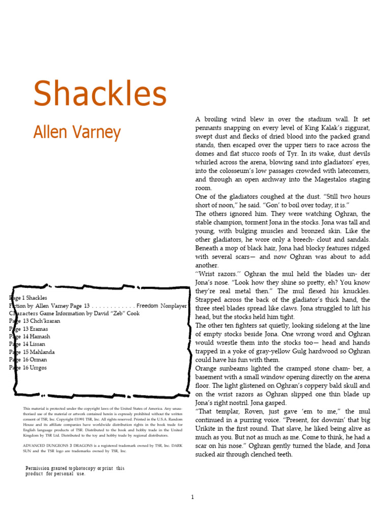 Shackles - Dark Sun strory | PDF | Tsr, Inc.