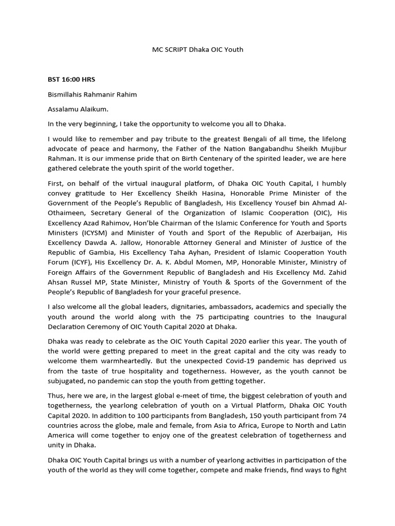 MC Script - Dhaka OIC Youth Capital Inaugural Declaration | PDF | Dhaka ...