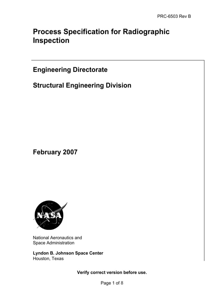 Process Specification For Radiographic Inspection: Engineering Directorate Structural ...