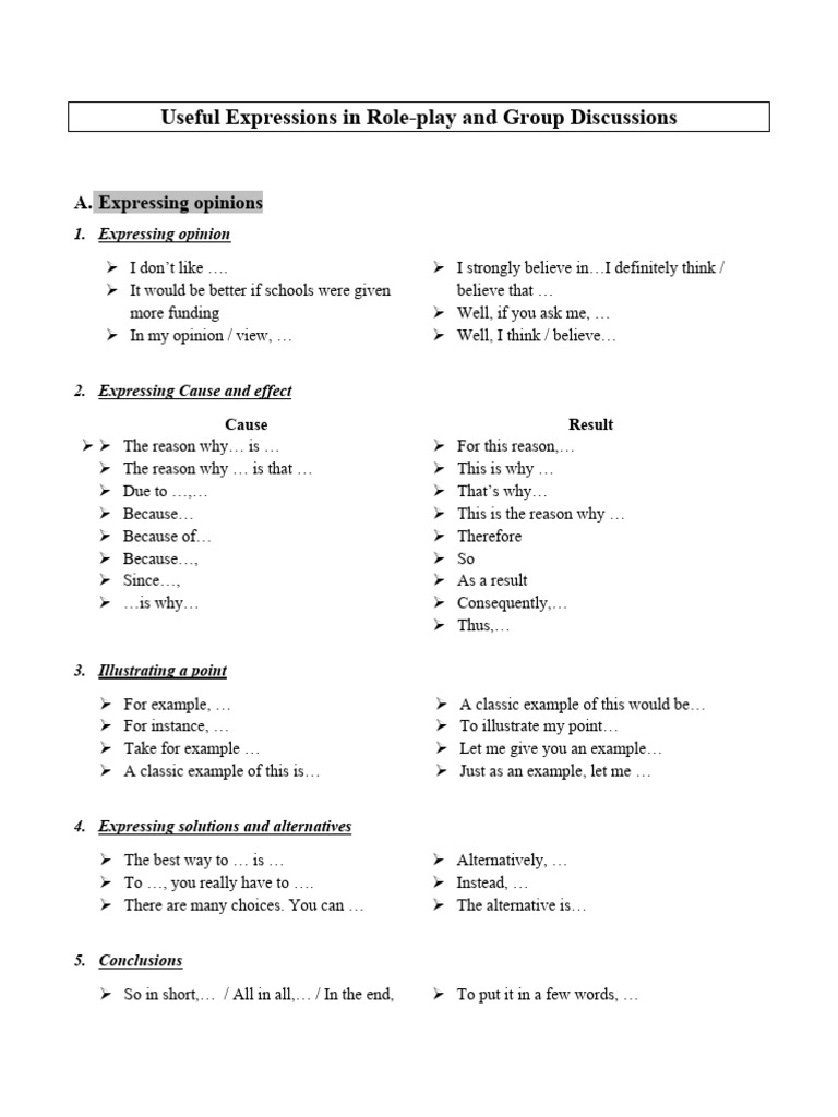 Useful Expressions in Role Play and Discussions | PDF | Reason
