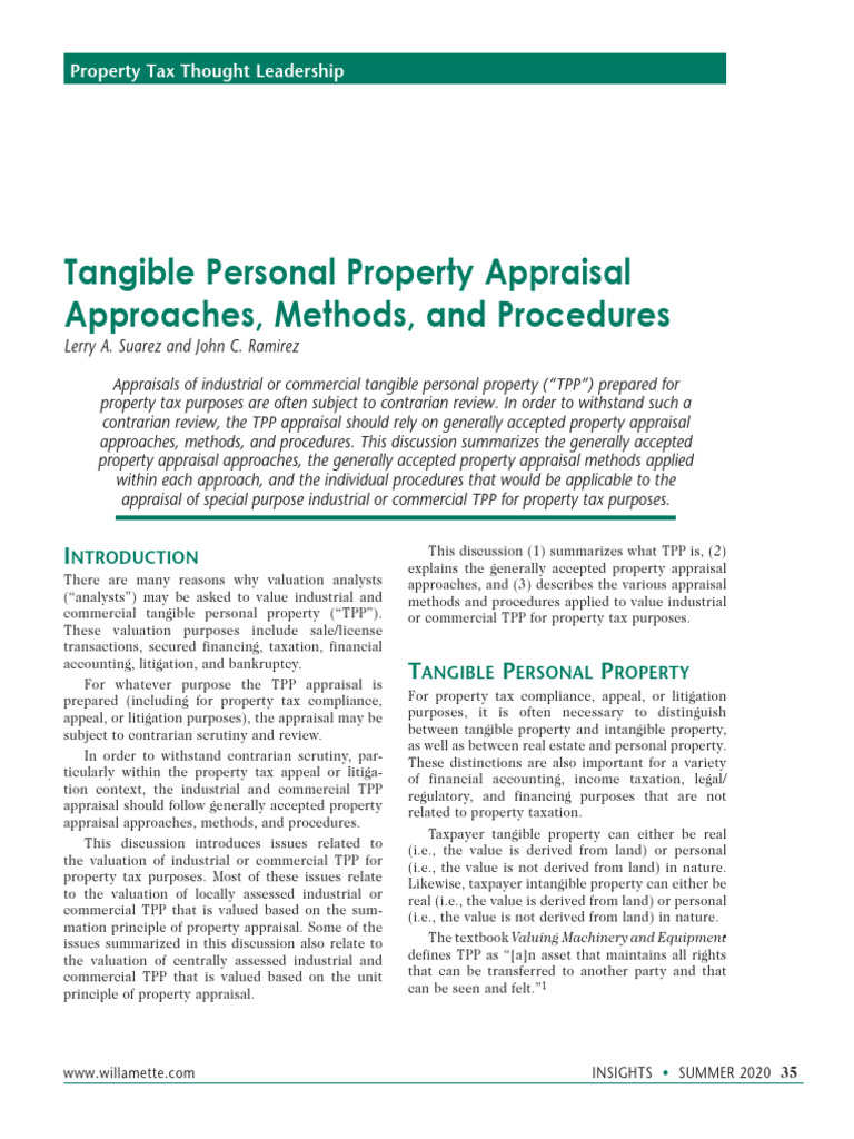 Tangible Personal Property Appraisal Approaches, Methods, and ...