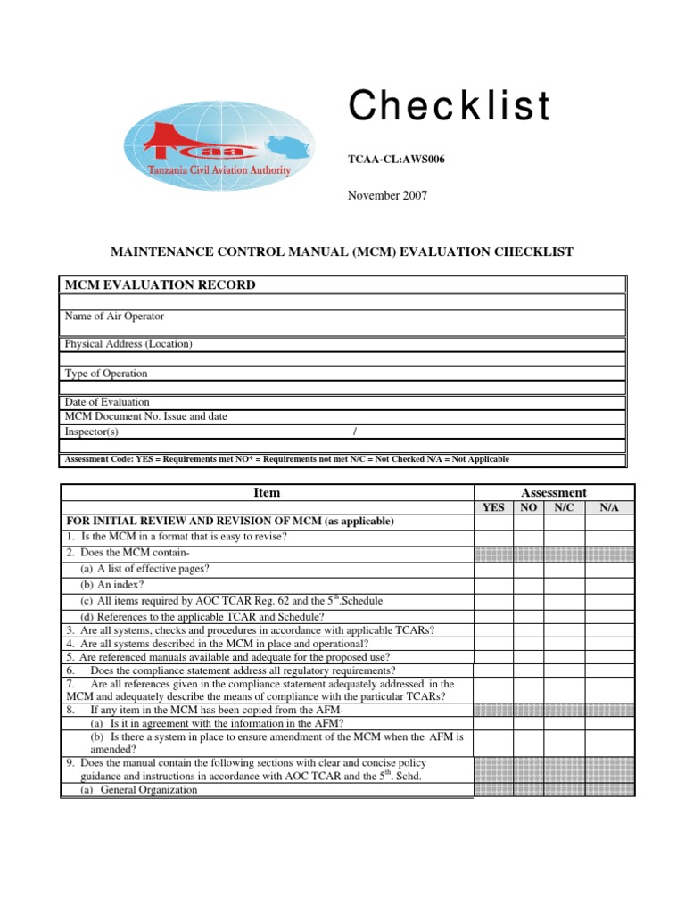 MCM Evaluation Checklist | Regulatory Compliance | Aircraft