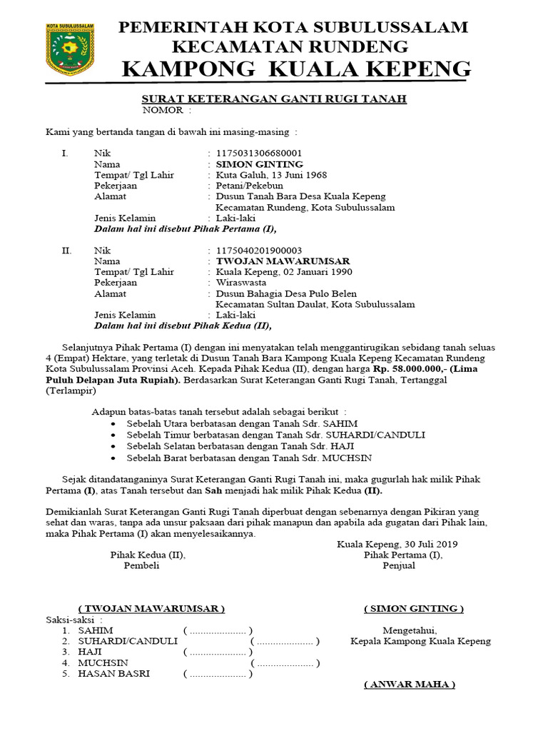 SURAT TANAH MW Tanoh Bakha | PDF