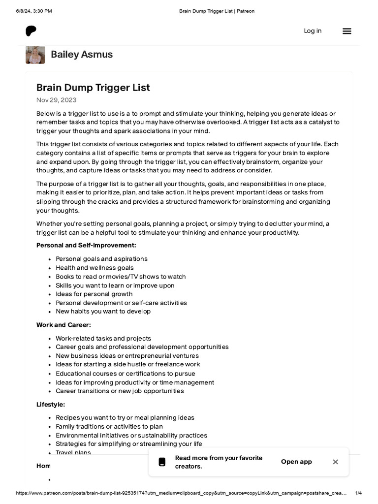 Brain Dump Trigger List - Patreon | PDF | Brainstorming | Thought